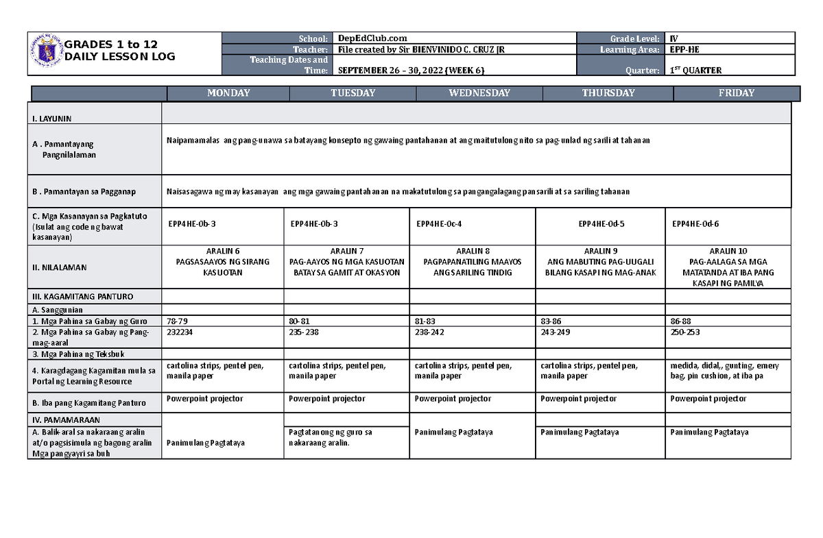 DLL EPP-HE 4 Q1 W6 - Daily Lesson Plan - GRADES 1 to 12 DAILY LESSON ...