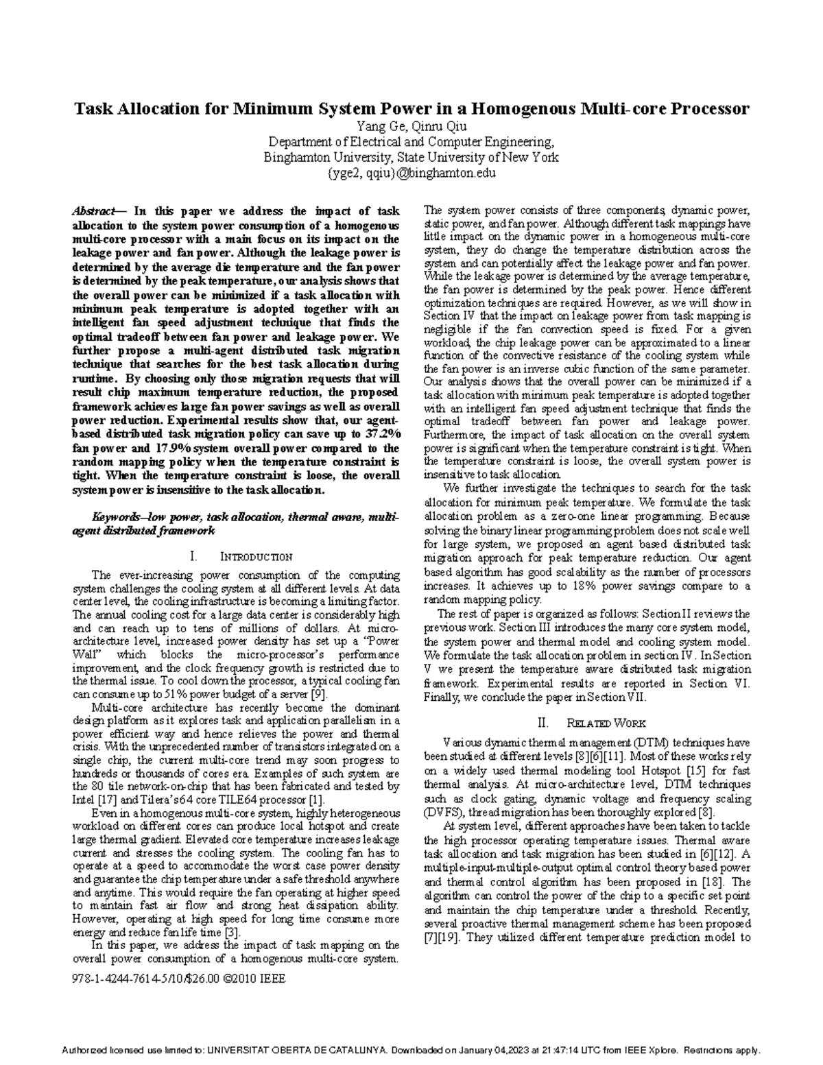 Task allocation for minimum system power in a homogenous multi core ...