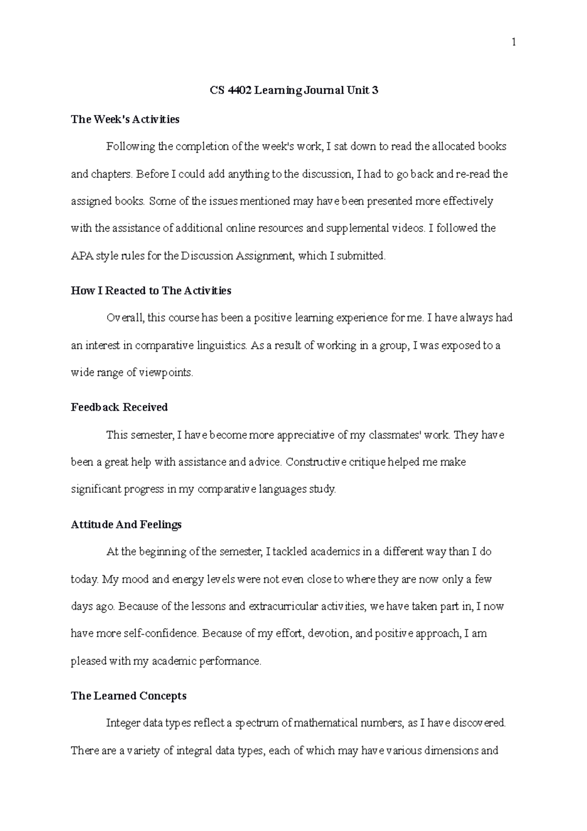 CS 4402 Learning Journal Unit 3 - Before I could add anything to the discussion, I had to go ...