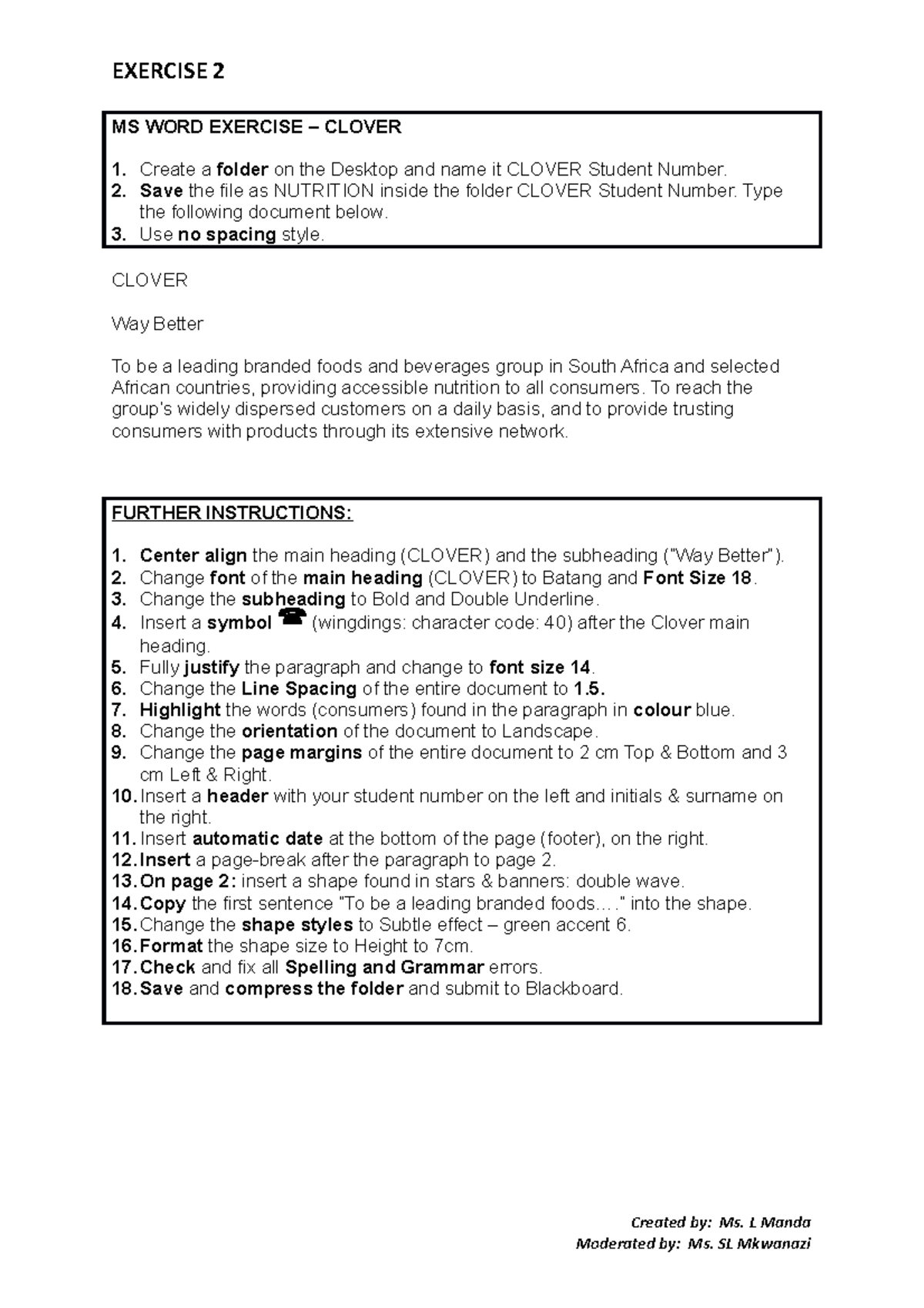 Exercise 2 - Clover - Excersise 2 For ICT Skills I - EXERCISE 2 MS WORD ...