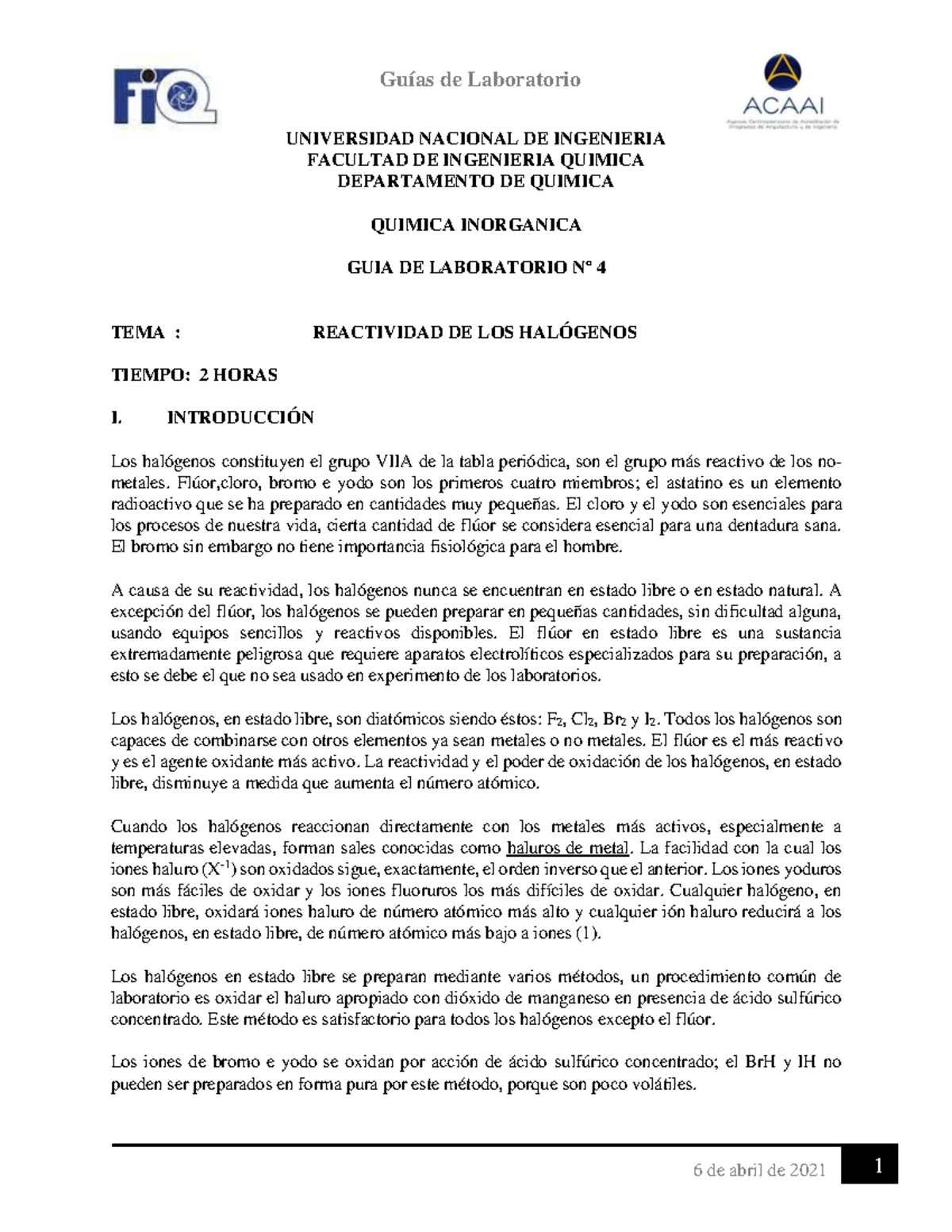 Guía Lab4 - Laboratorio de química inorgánica - UNIVERSIDAD NACIONAL DE INGENIERIA FACULTAD DE ...