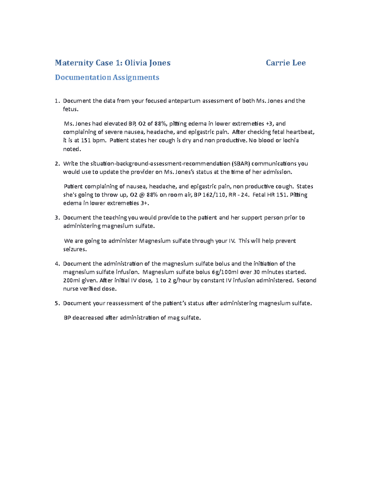 Maternity Case 1 DA - Maternity Case 1: Olivia Jones Carrie Lee ...