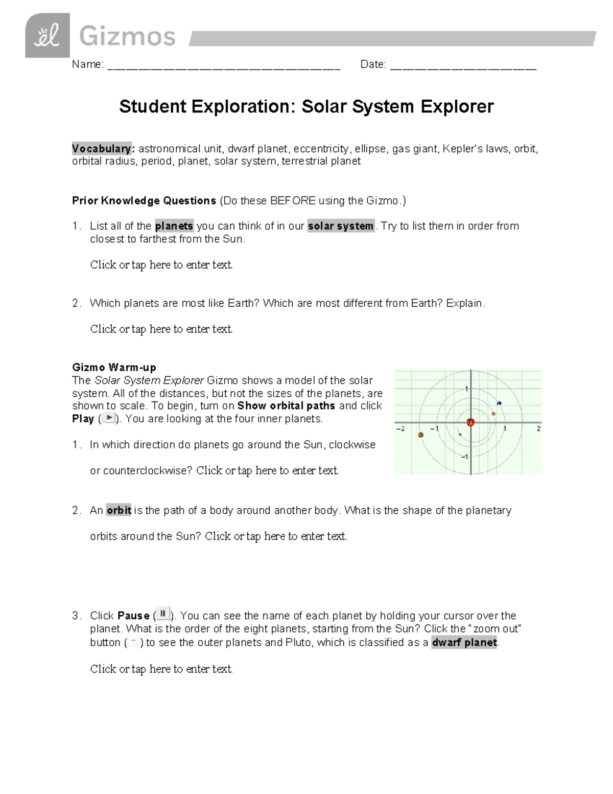 Student Exploration: Solar System Explorer SE Activities and Questions ...