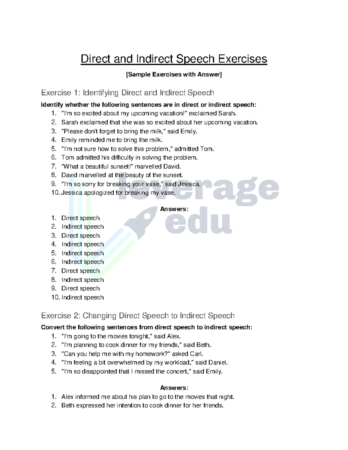 Direct and Indirect Speech Exercises - Direct and Indirect Speech ...