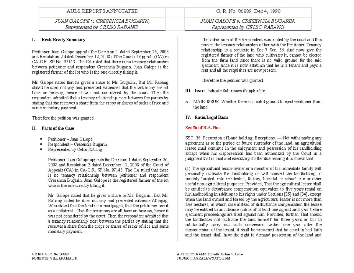 Agra-case - Galope vs. Bugarin - AULS REPORTS ANNOTATED G. R. No. 86889 ...