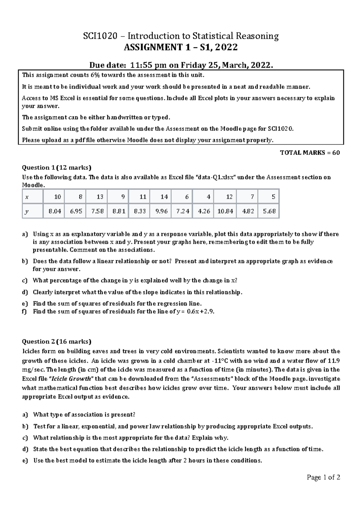 Assignment 1 2022 S1 Page 1 Of 2 Sci1020 Introduction To Statistical Reasoning Assignment 1