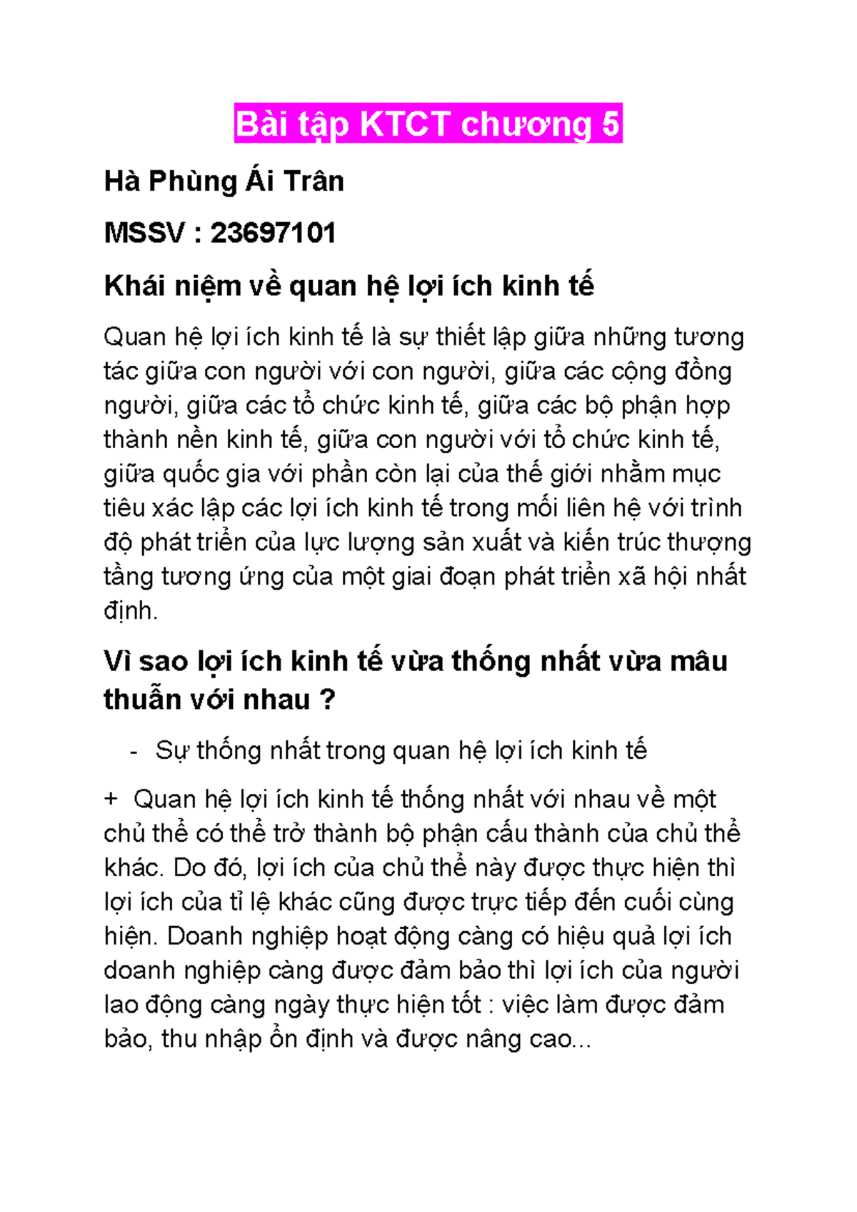 Bài tập KTCT chương 5 - kinh tế chính trị - Bài tập KTCT chương 5 Hà Phùng Ái Trân MSSV ...