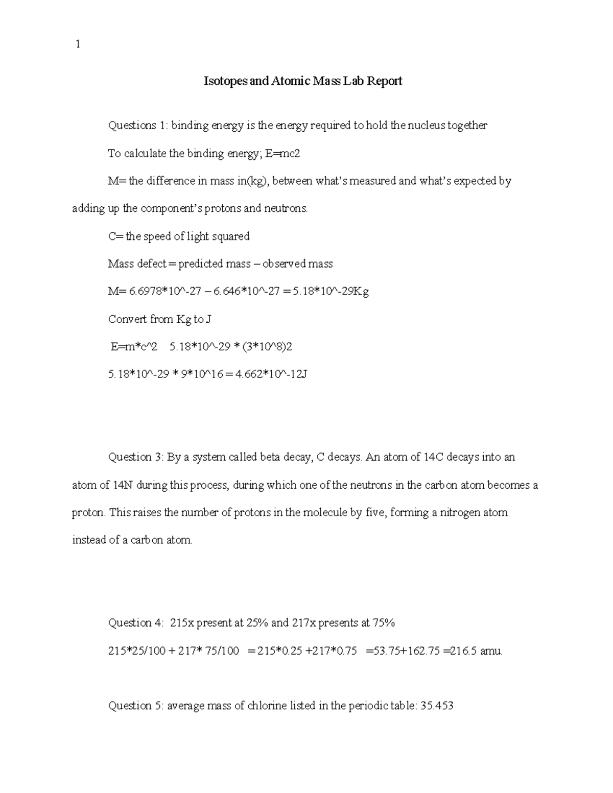 Isotopes and Atomic Mass Lab Report chem2 - 1 Isotopes and Atomic Mass ...