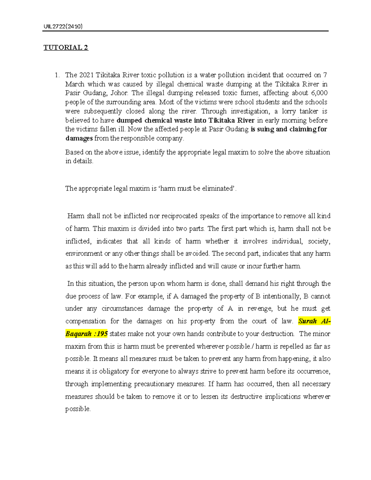 Tutorial 2 Islamic LAW II - UIL2722(2410) TUTORIAL 2 1. The 2021 Tikitaka River toxic pollution ...