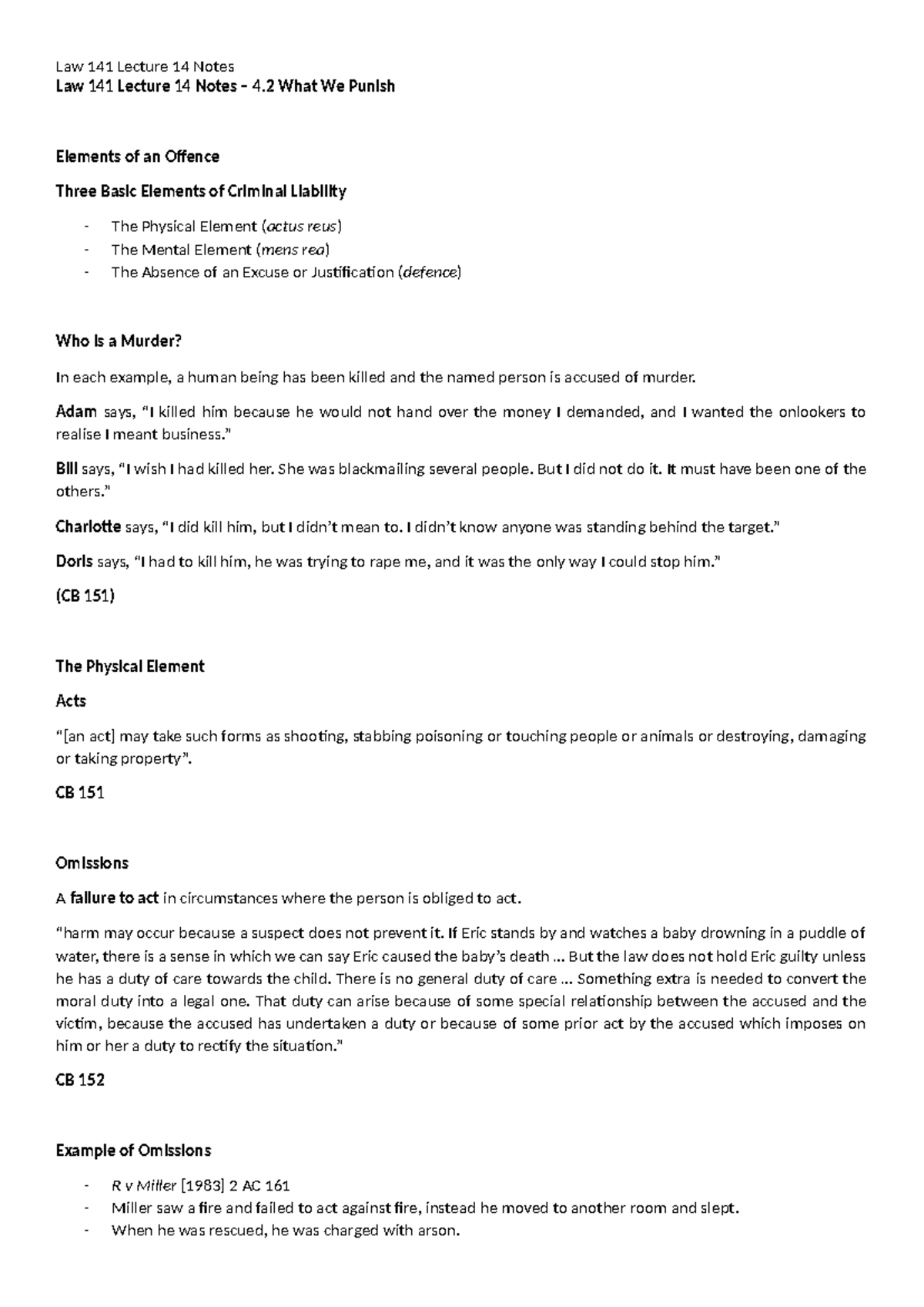 Law 141 Lecture 14 Notes - Law 141 Lecture 14 Notes – 4 What We Punish ...
