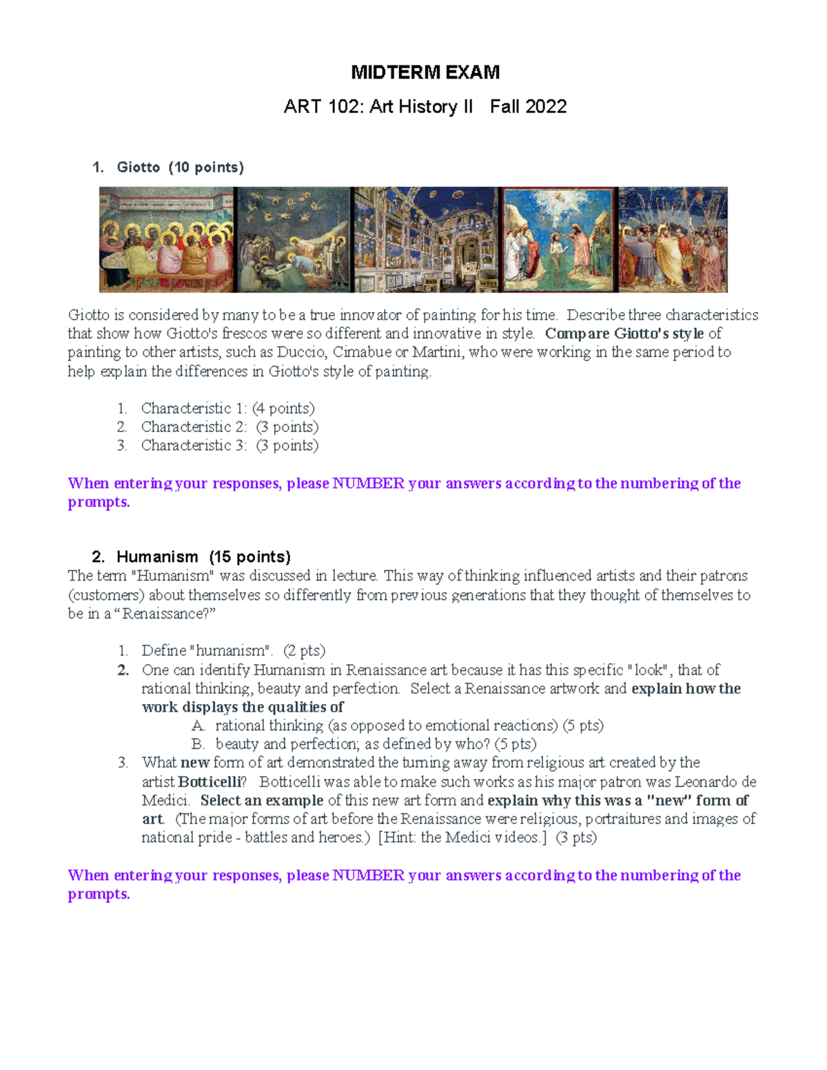 Midterm EXAM Questions Fall 2022 - MIDTERM EXAM ART 102: Art History II ...