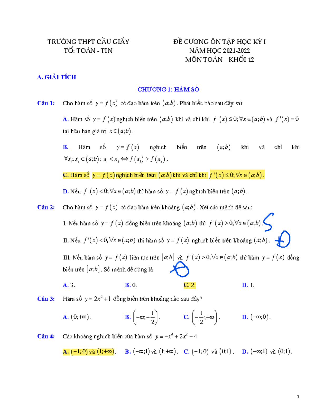 Đề hk1 toán cầu giấy - ìuutriuo;j - TRƯỜNG THPT CẦU GIẤY TỔ: TO¡N - TIN ĐỀ CƯƠNG ÔN TẬP HỌC KỲ I ...