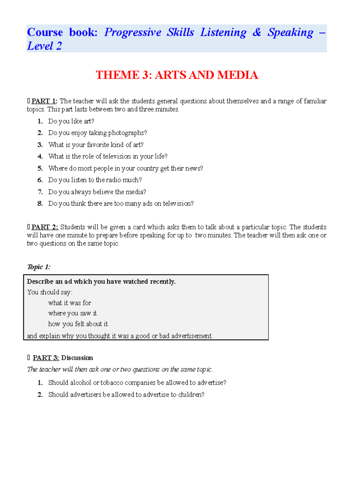 8 Themes - Speaking 2_For final exam - Course book: Progressive Skills ...