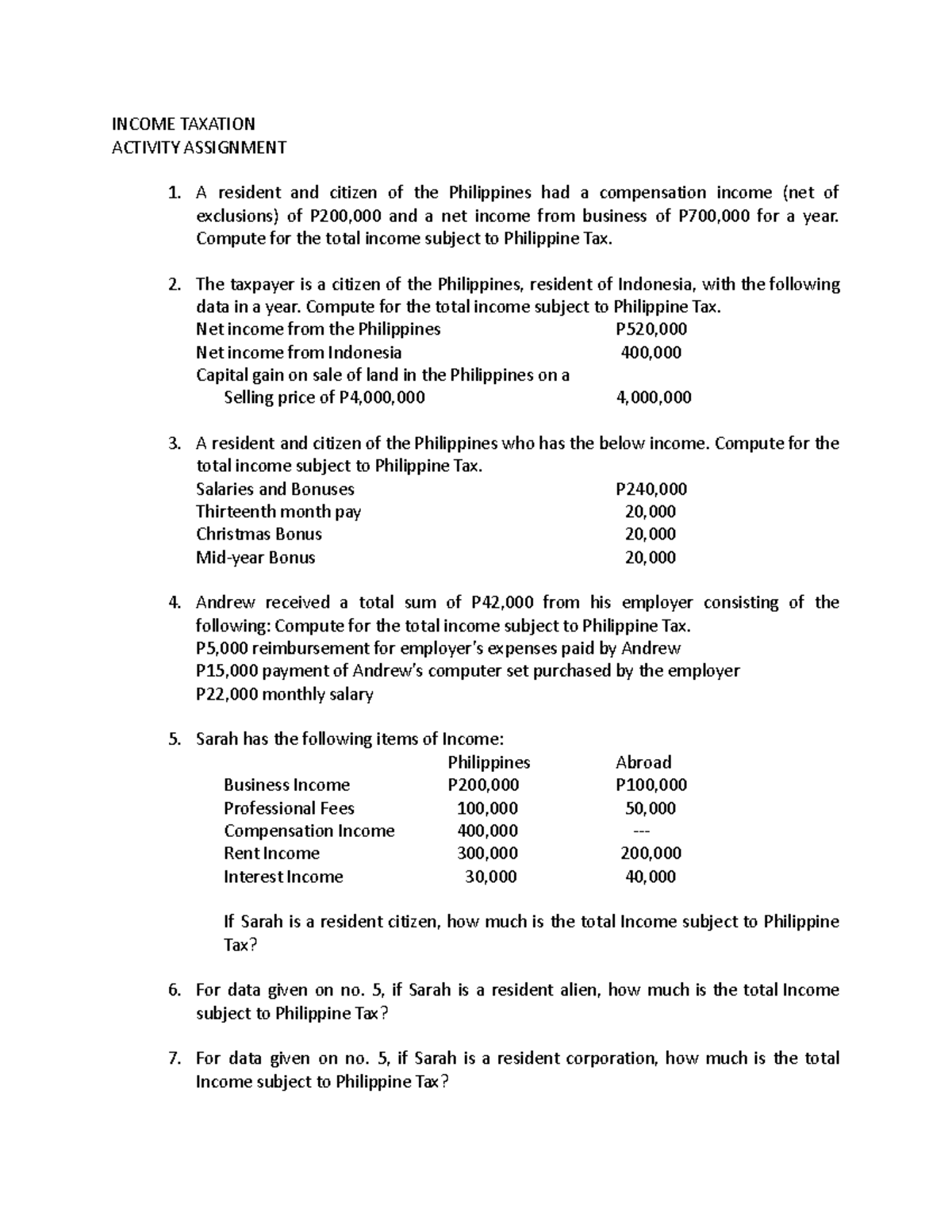 Income Taxation - INCOME TAXATION ACTIVITY ASSIGNMENT A resident and ...