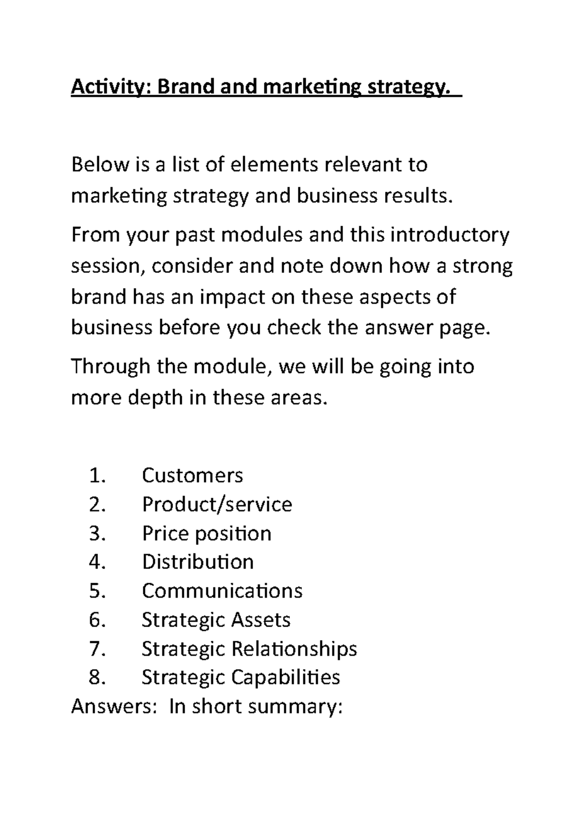 Week 1 Activity Brand and Strategy. - Activity: Brand and marketing ...