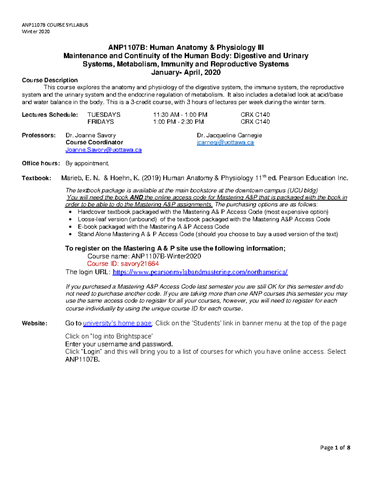 Course Syllabus WS2020 - Winter 20 20 ANP1107B: Human Anatomy ...
