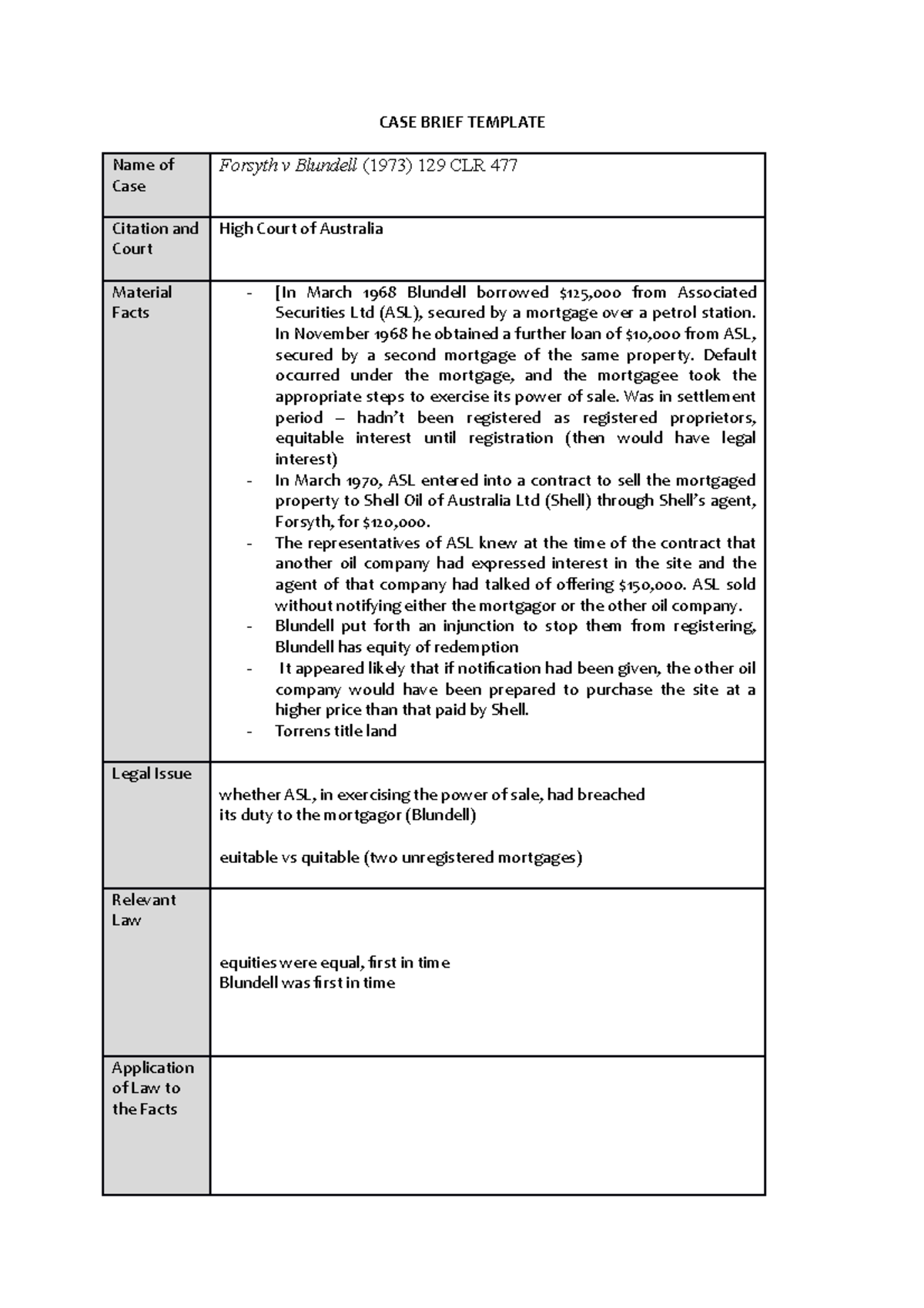 Forsyth v Blundell (1973) 129 CLR 477 - CASE BRIEF TEMPLATE Name of ...