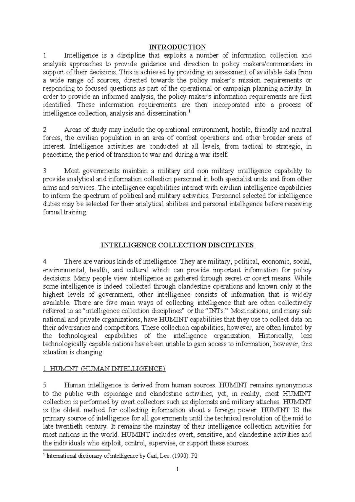 Intelligence Collection Disciplines - INTRODUCTION 1. Intelligence is a ...