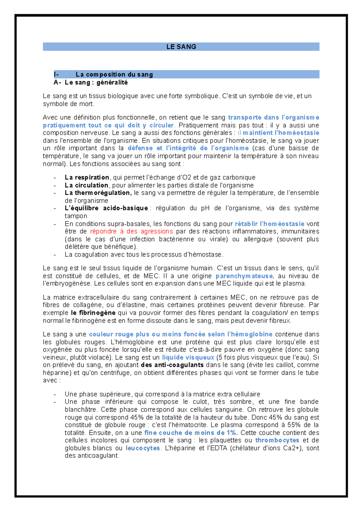 LE SANG - Notes de cours sur le chapitre le sang - LE SANG I- La ...