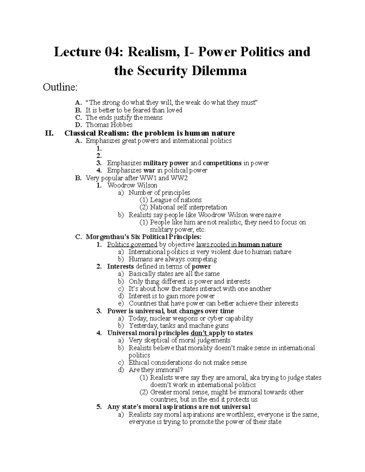 04 Realism - Matthew Kroenig - Lecture 04: Realism, Power Politics and ...