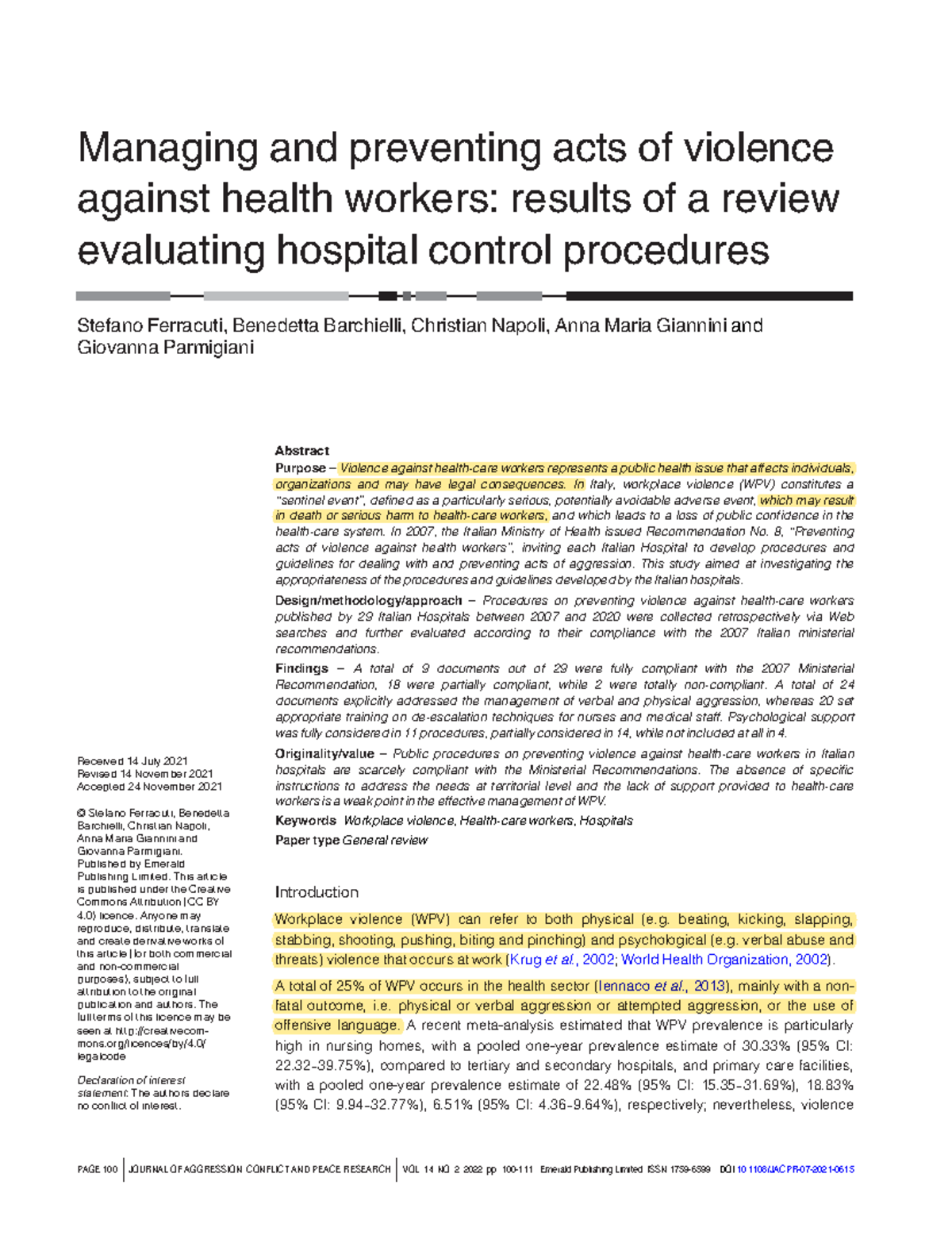 Managing and preventing acts of violence - In Italy, workplace violence ...