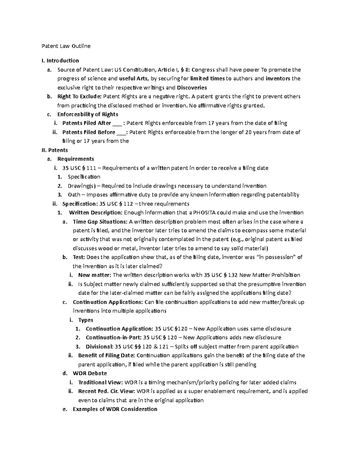 Patent Law Mueller 2010 - Patent Law Outline I. Introduction a. Source ...