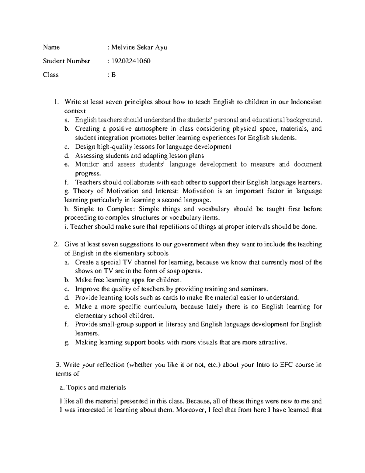 Intro to EFC assignment 1 - Name : Melvine Sekar Ayu Student Number ...