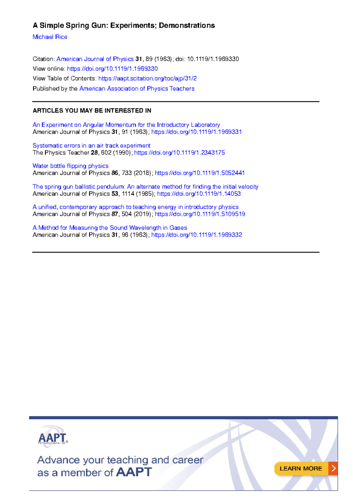 SPRING GUN EXPERIMENT NOTES BY MICHAEL RICE - A Simple Spring Gun ...