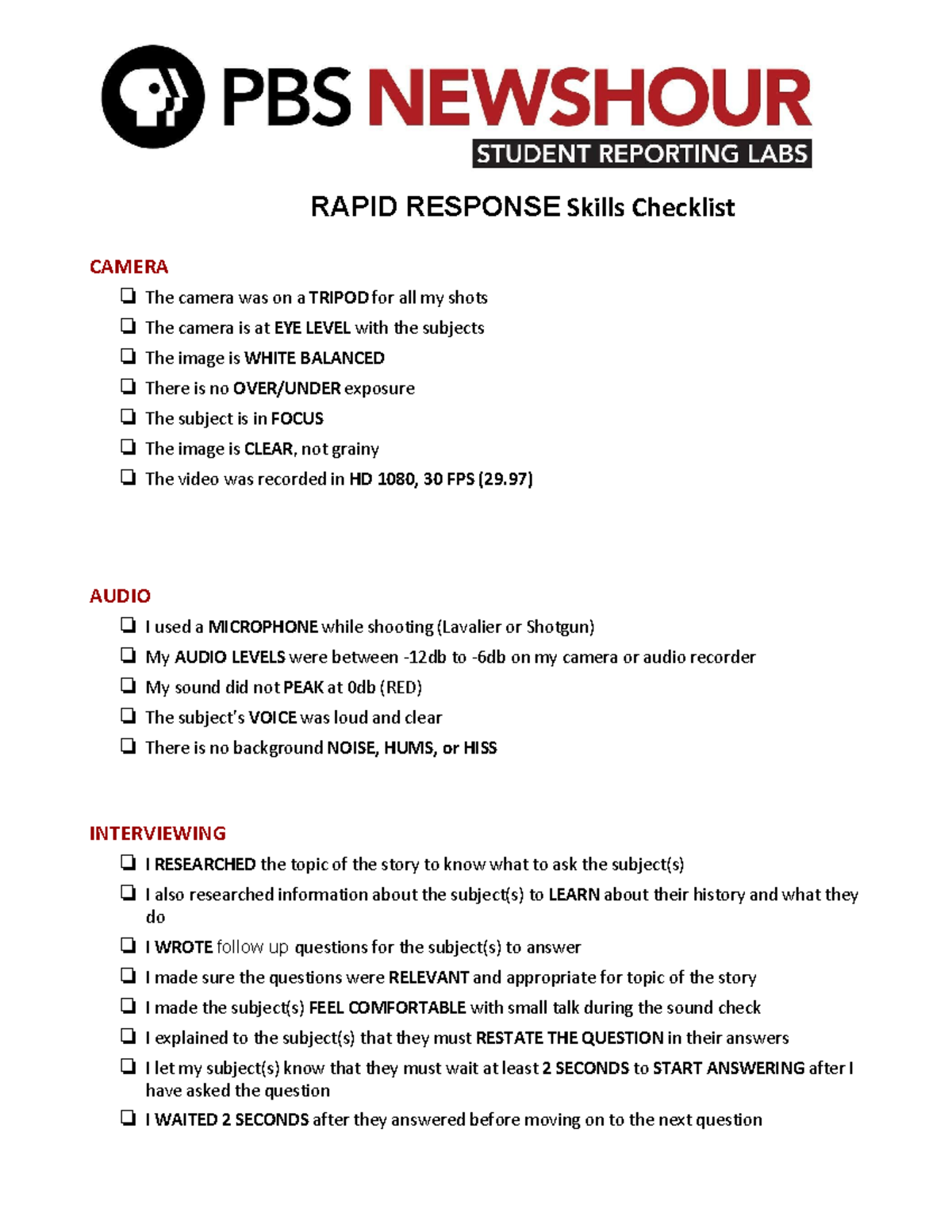 Rapid Response Skills and Standards Checklist - RAPID RESPONSE Skills ...
