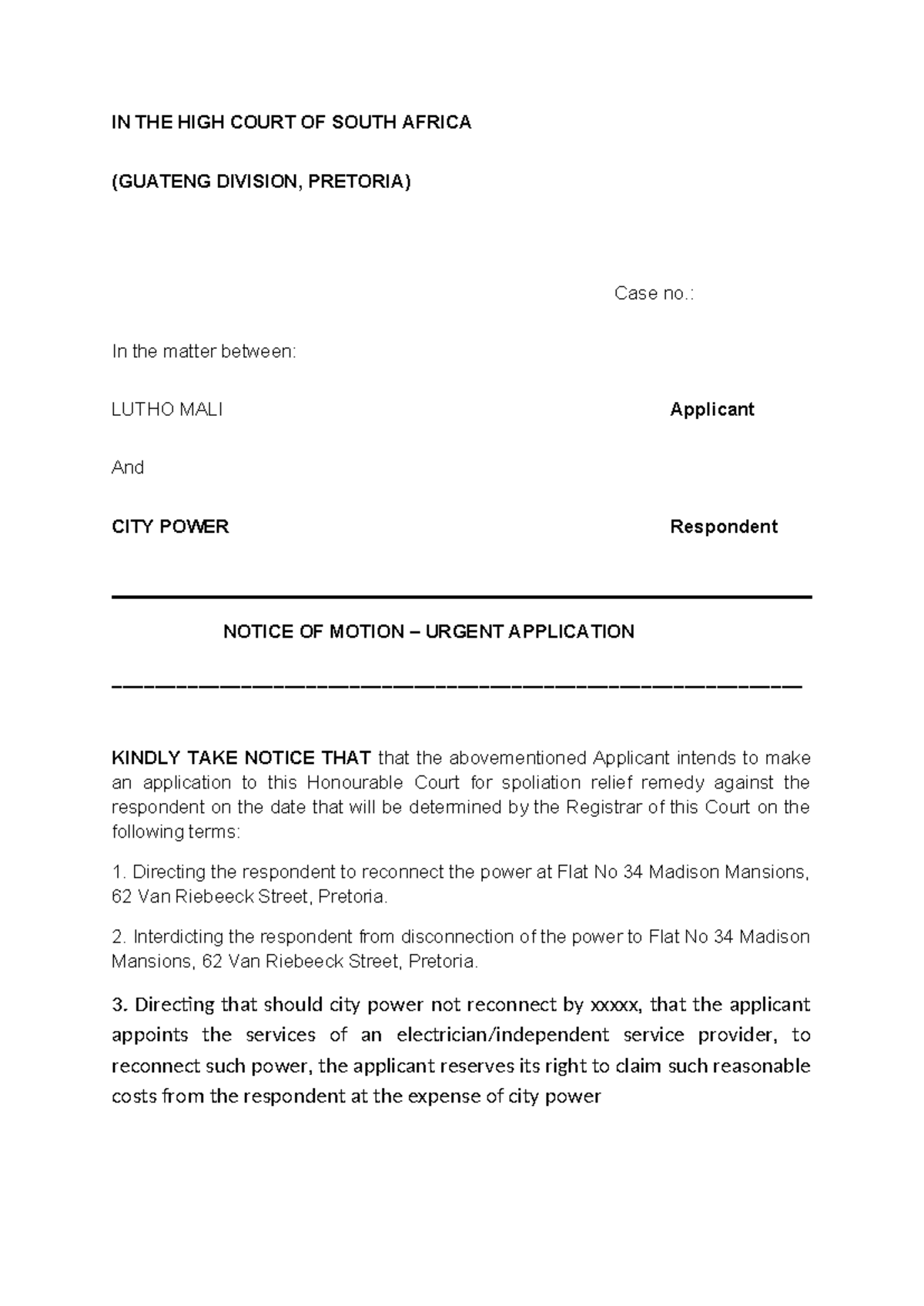 Spoliation - Electricity - IN THE HIGH COURT OF SOUTH AFRICA (GUATENG ...