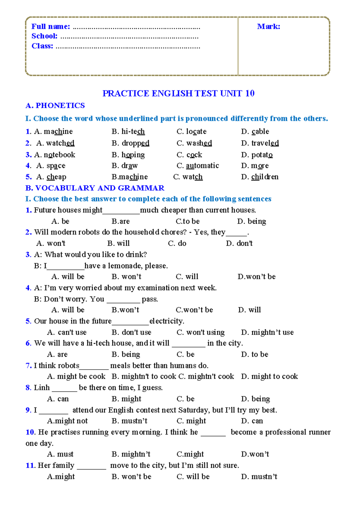 Practice TEST-Unit 10 - TEST UNIT 10 - PRACTICE ENGLISH TEST UNIT 10 A ...