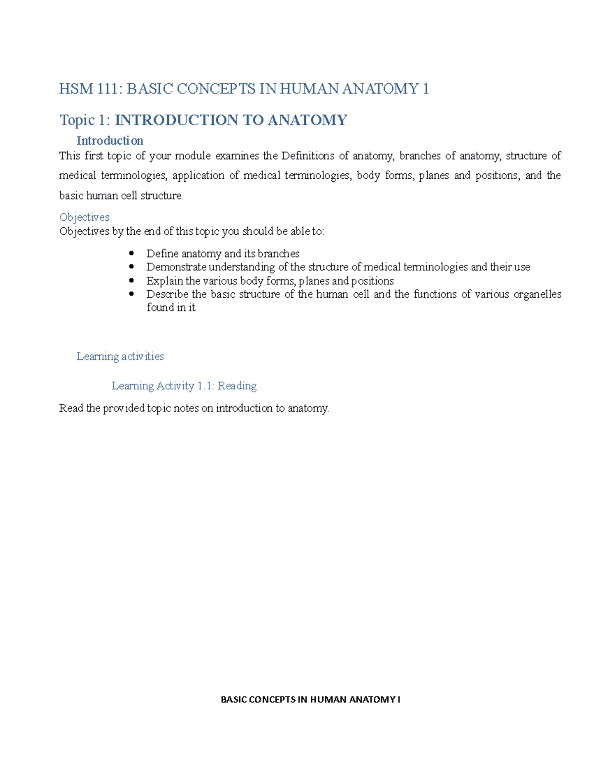 HSM 111 Lesson 1 - for introduction to human anatomy - Basic Human ...