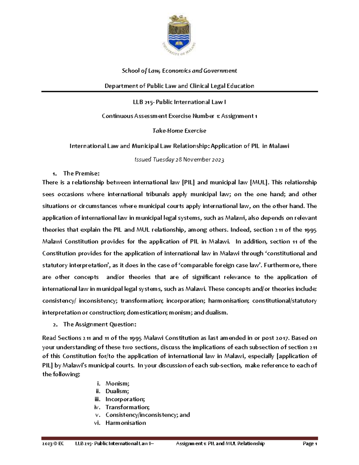 LLB 215 Assignment 1 - Take Home Exercise [Trios] - School of Law ...