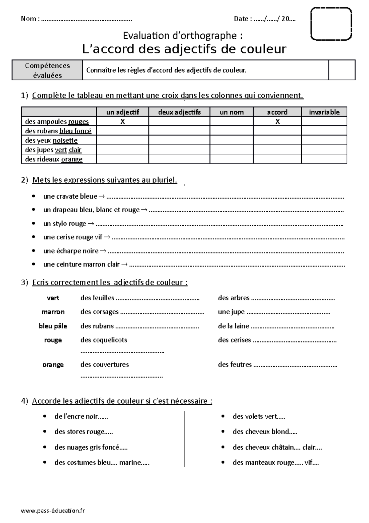 L’accord des adjectifs de couleur & - Statics & Dynamics I - Studocu