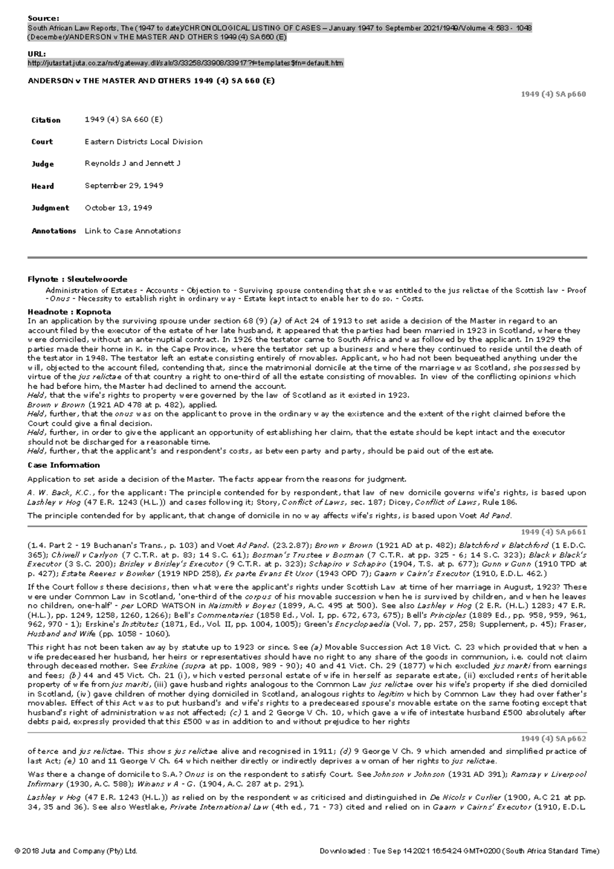 Anderson v THE Master AND Others 1949 (4) SA 660 (E) - Source: South African Law Reports, The ...