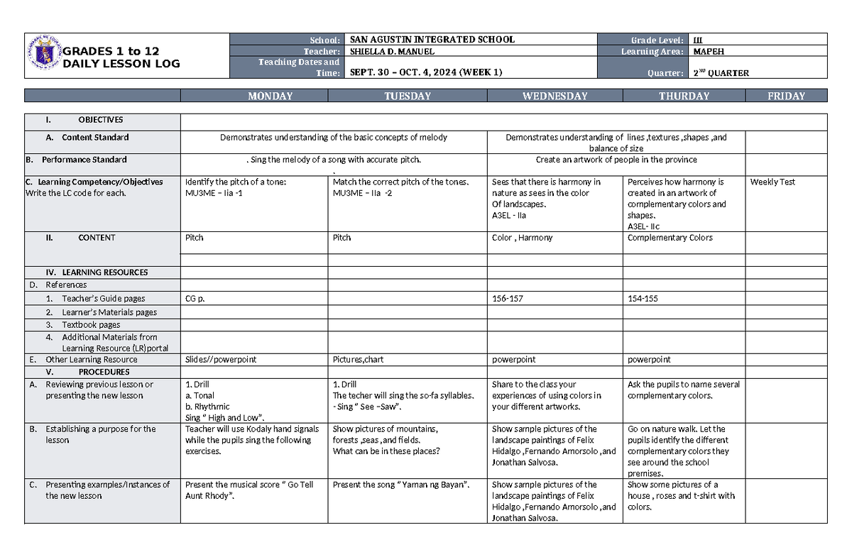 DLL Mapeh 3 Q2 W1 - aaaa - GRADES 1 to 12 DAILY LESSON LOG School: SAN ...