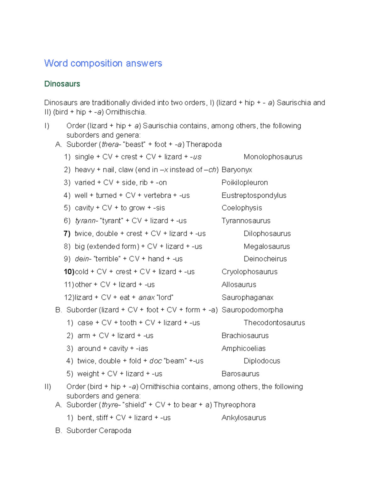 Lesson 20 Worksheet (Key) - Word composition answers Dinosaurs ...