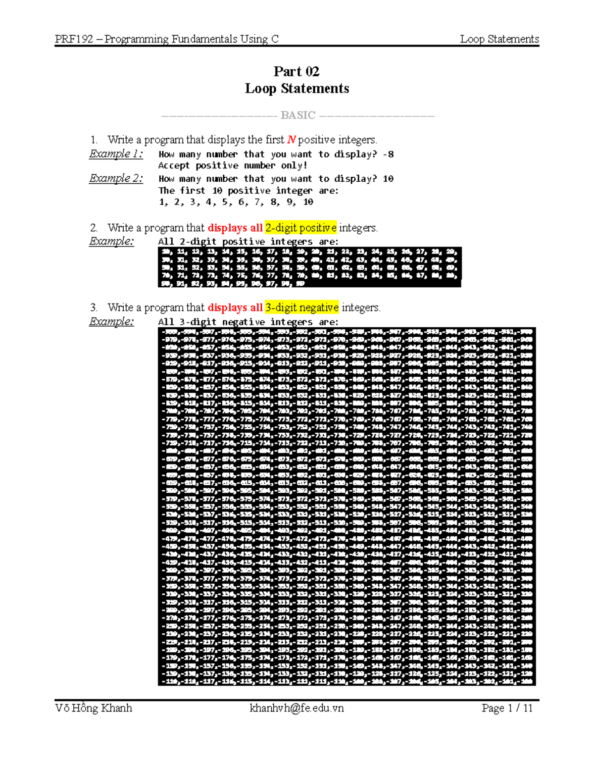 PRF192 02 Loop Statements VHK Cần Thơ - Loop Statements - BASIC - 2. Write a program that ...