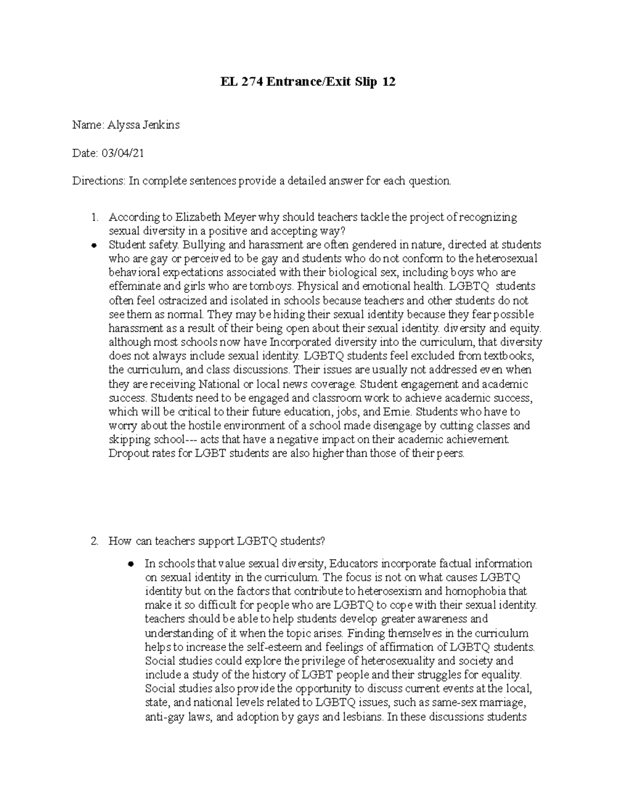 EL 274 Exit Slip 12 - It is an exit slip. I provided the questions and ...