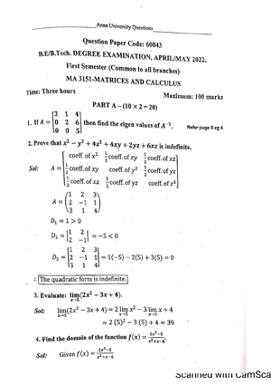 Matrices and calculus - MA3151 - Studocu