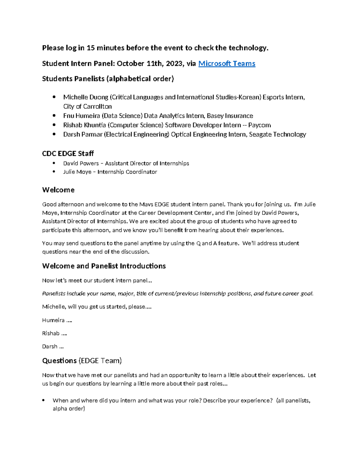 Student Intern Panel Script Fall 2023 - Please log in 15 minutes before ...