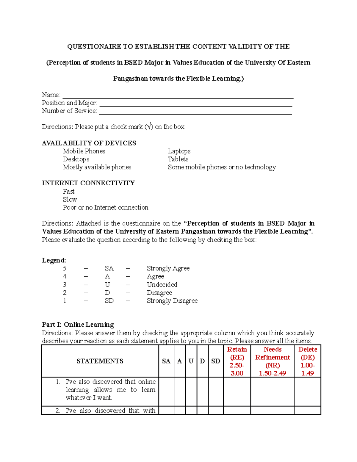 Questionaire TO Establish THE Content Validity OF THE - QUESTIONAIRE TO ...
