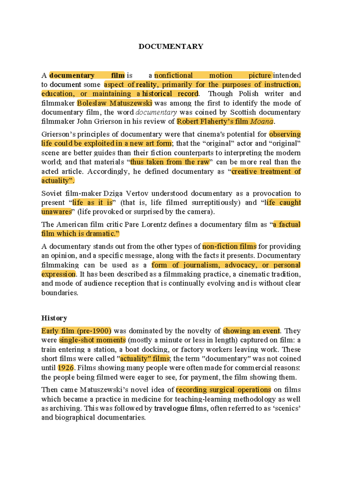 Documentary-1 - lecture notes - DOCUMENTARY A documentary film is a ...