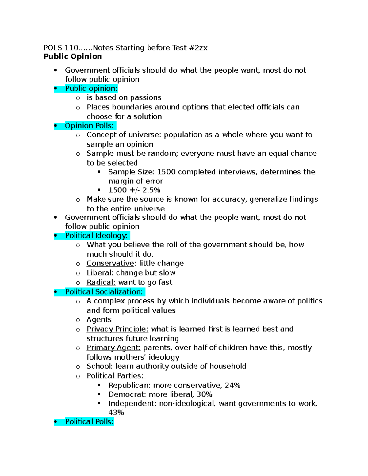 Notes. Test 2 - POLS 110..... Starting before Test #2zx Public Opinion ...