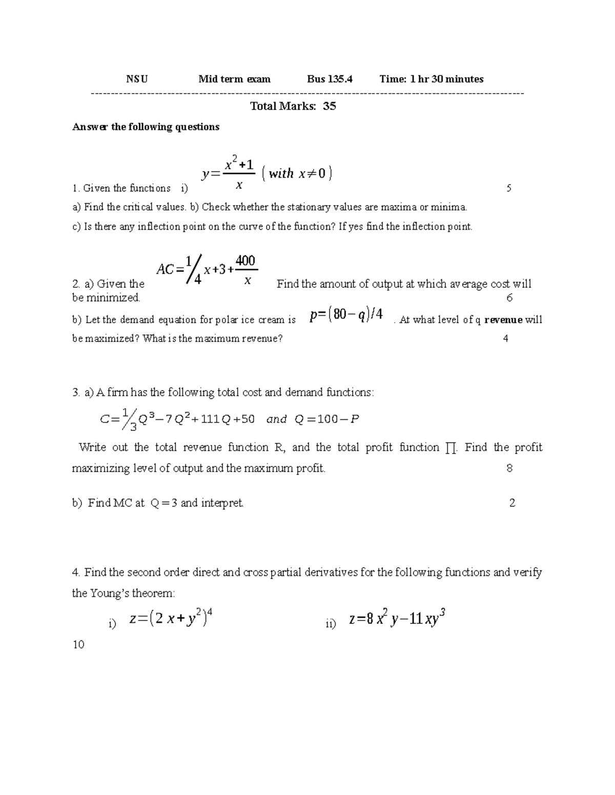 Exam 10 March 2019, questions - NSU Mid term exam Bus 135 Time: 1 hr 30 ...