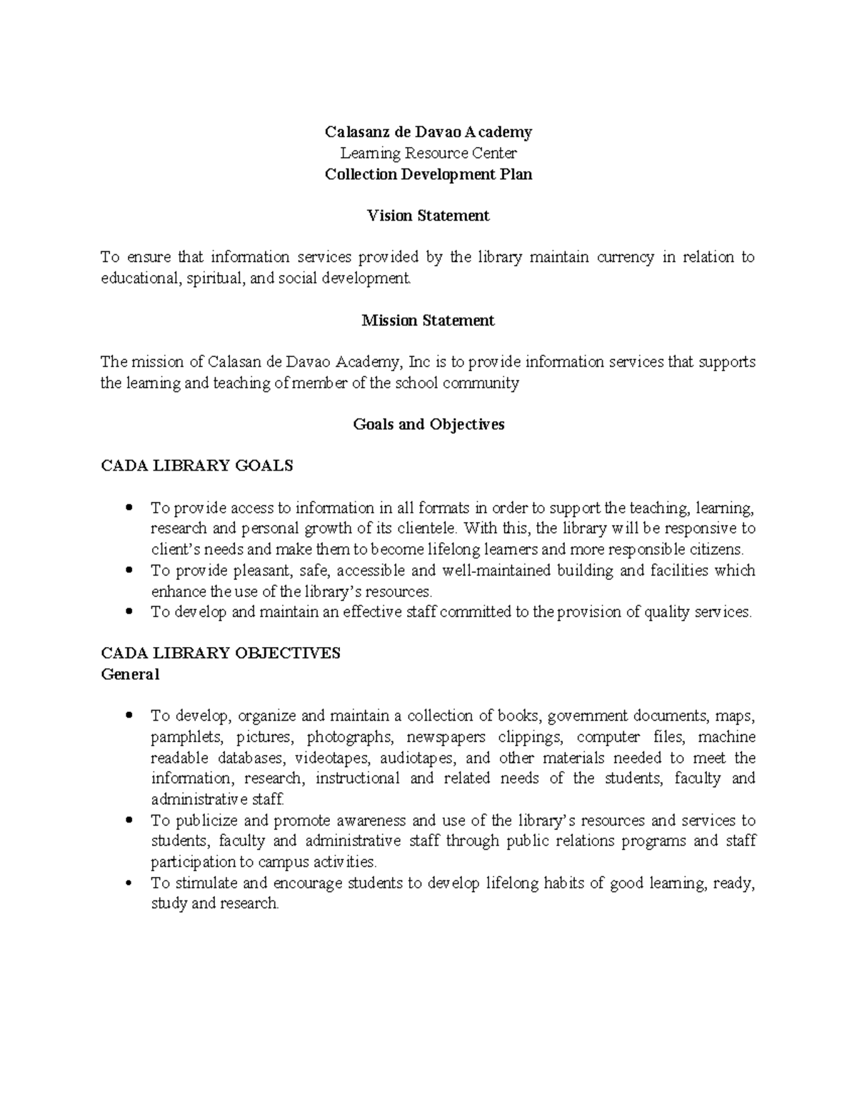 Collection Development Plan - Calasanz de Davao Academy Learning ...