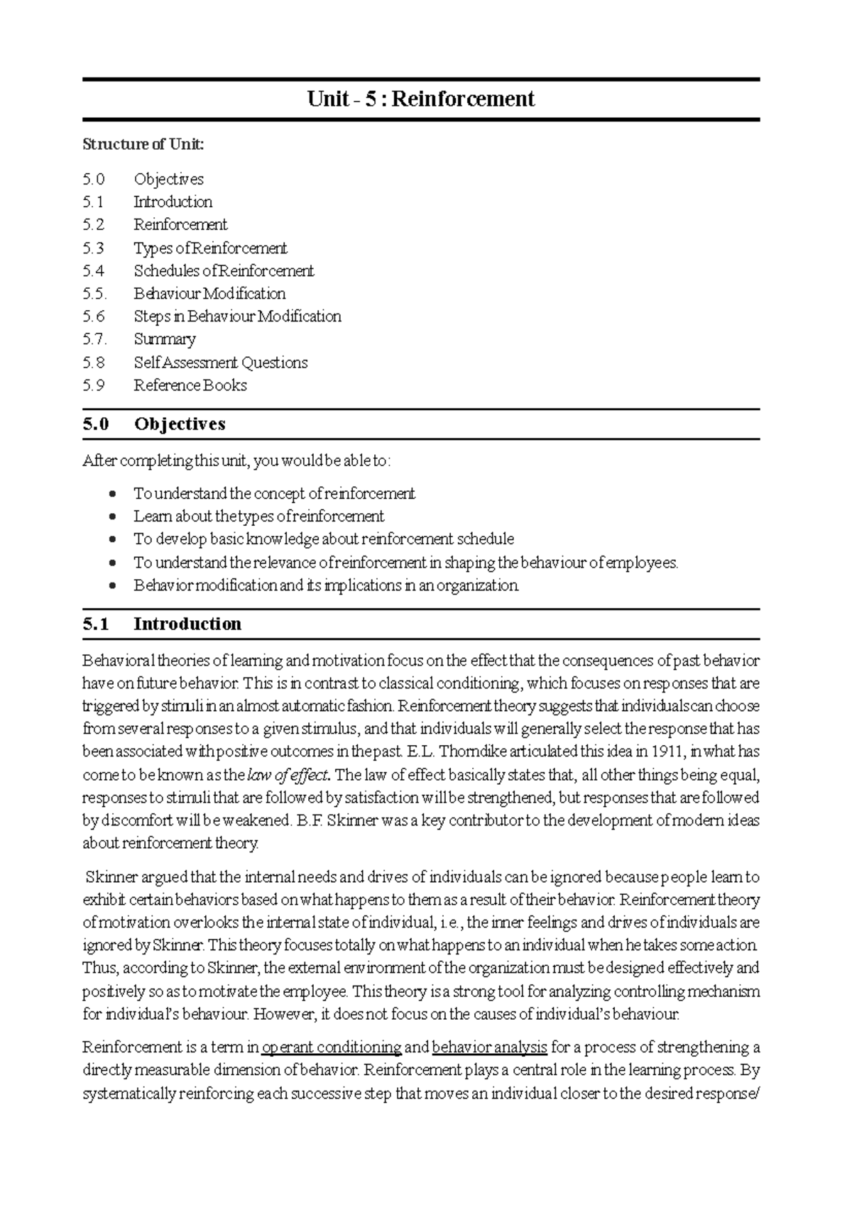 Reinforcement - lecture notes - Unit - 5 : Reinforcement Structure of ...