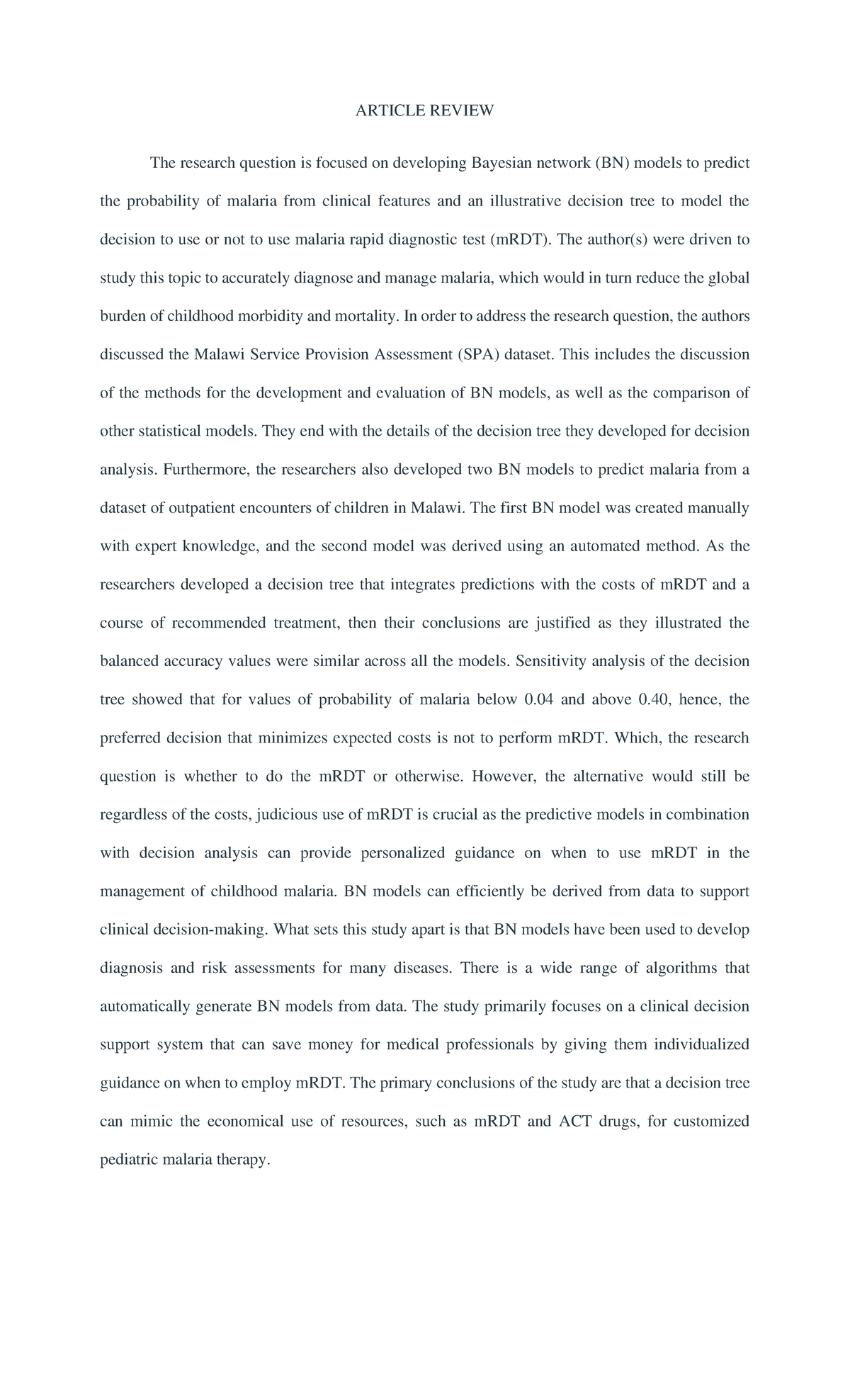 Article Review Reflection- MS1 - ARTICLE REVIEW The research question ...