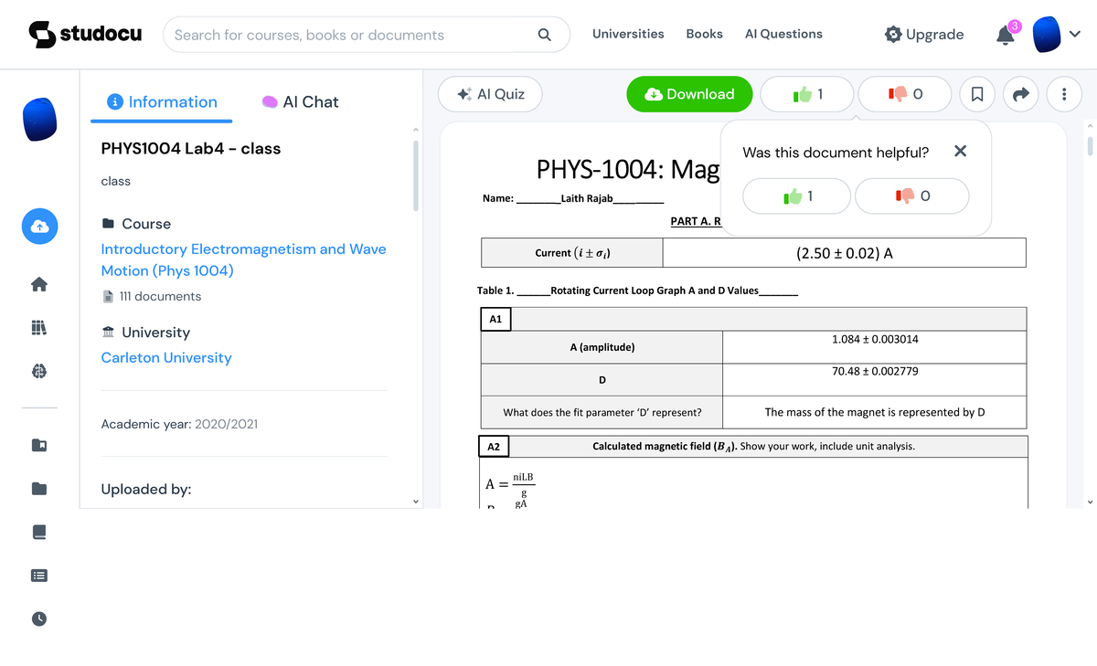 PHYS1004 Lab4 - class - PHYS- 1004 Magnetic Balance Write-up Name Laith ...