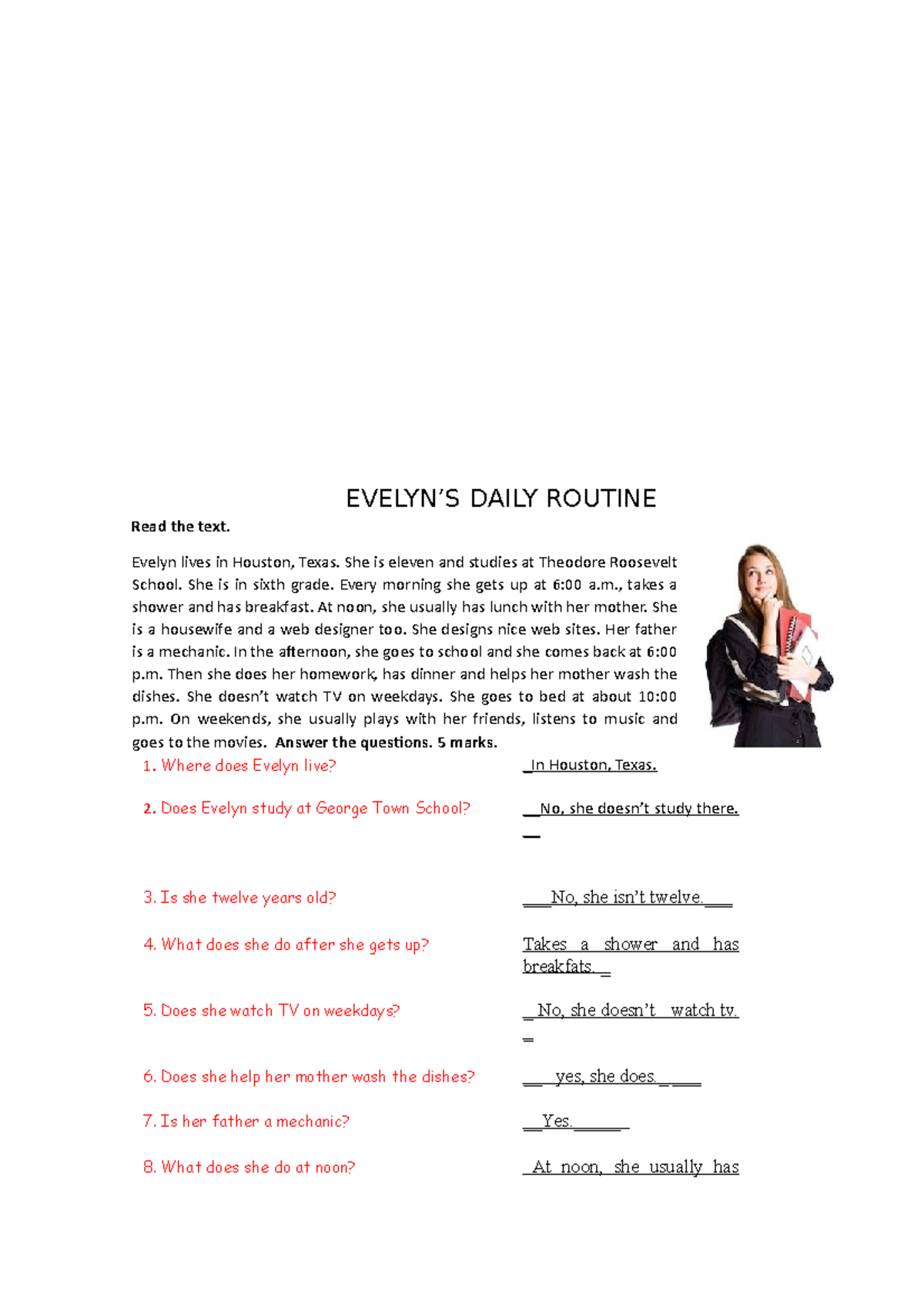 Actividad Entregable 2 inglees - EVELYN’S DAILY ROUTINE Read the text ...